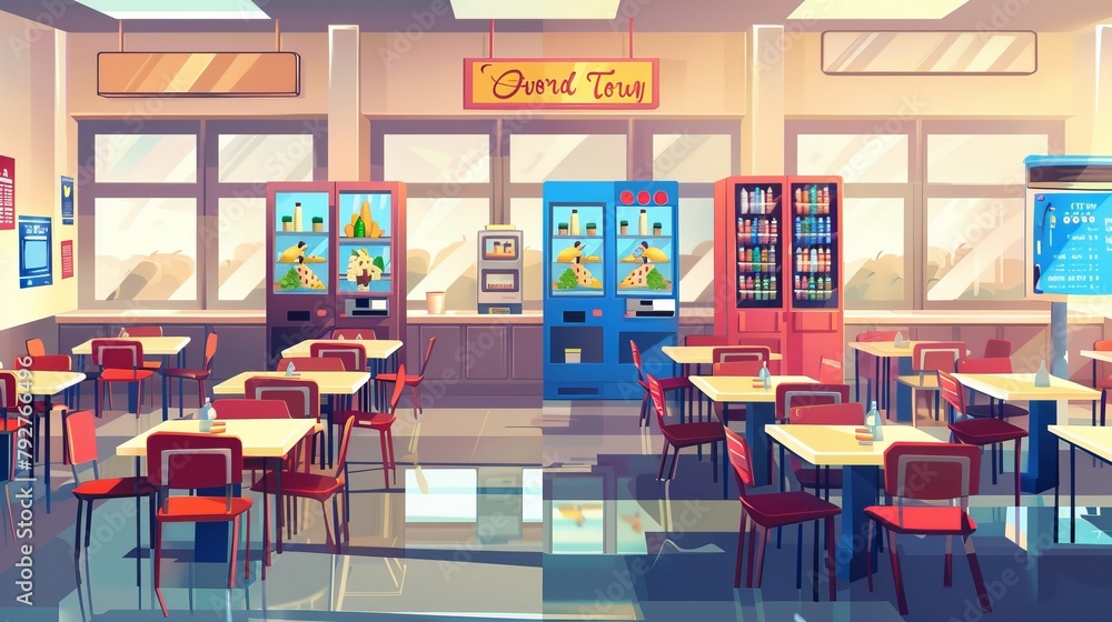 An interior view of a school canteen with a food modern cartoon ...