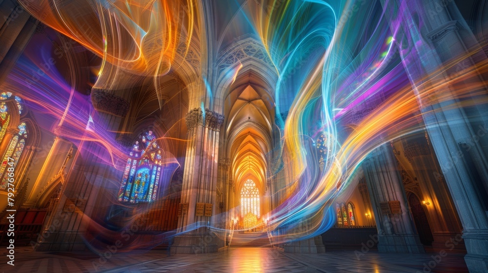 Delicate swirls of color and light blur the background of a majestic ...