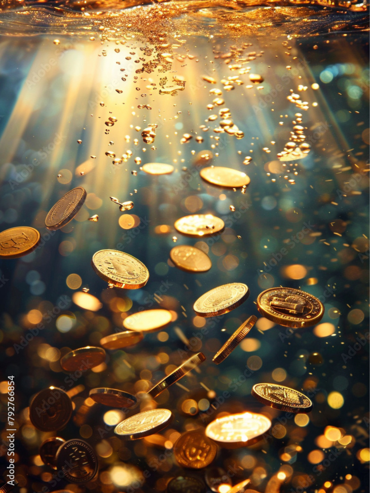 Gold coins and gold ingots fall from the sky, creating an underwater ...