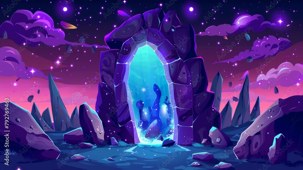 Magic portal cartoon background. A door inside a boulder leads to an ...