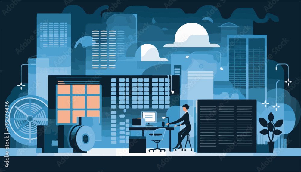 Vector illustration in flat design of big data center, server room ...