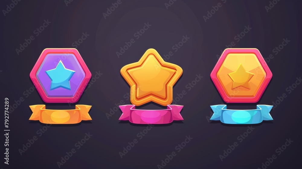 Three levels of game levels with trophies and awards. Cartoon graphical ...
