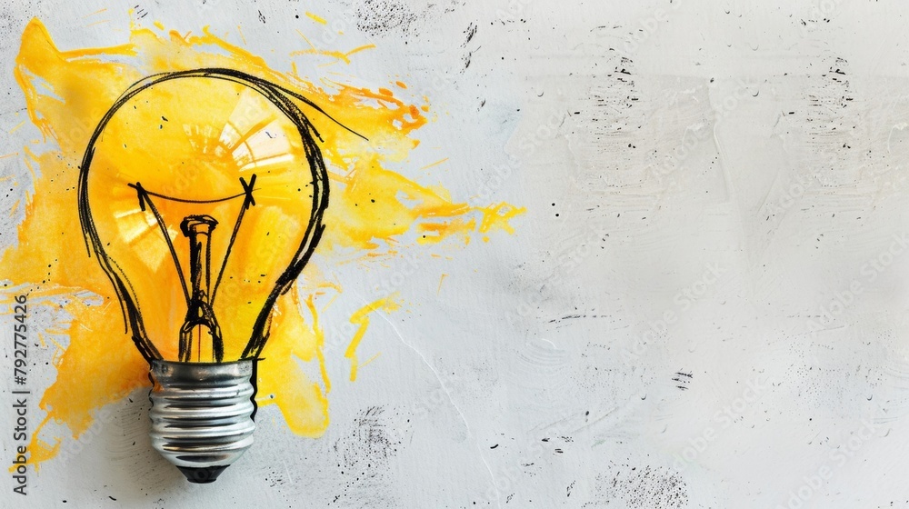 Hand-Sketched Lit Light Bulb on Plain White Background - Idea ...