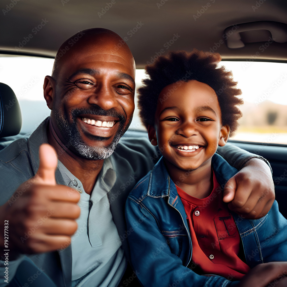 African American Father And Son Share A Joyful Moment In A Car Both