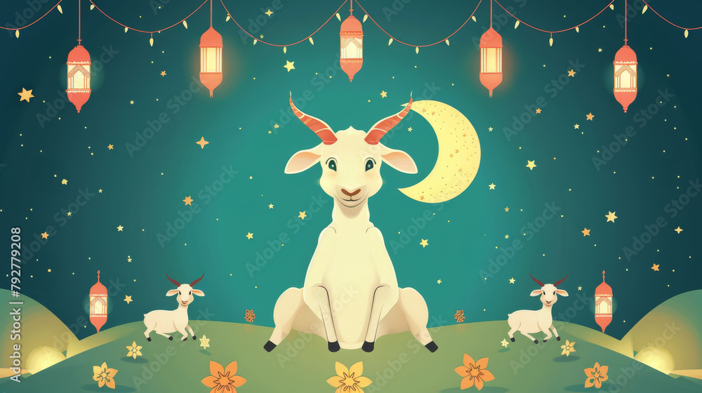 Animated Goats under Starry Night Sky with Lanterns, Cheerful animated ...