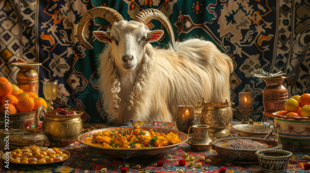 Elegant Goat Amidst Traditional Middle Eastern Feast, A majestic white ...