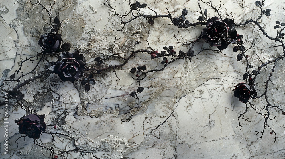 Gothic inspired marble panel wall art with dark roses and thorny vines ...
