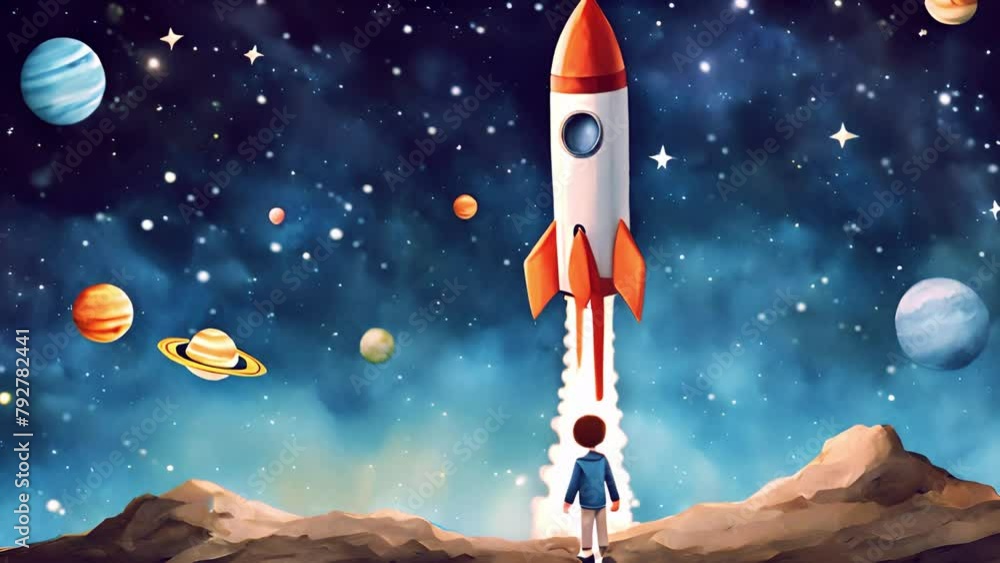 Kids drawing universe space rocket Stars and planets. pulsing in space ...