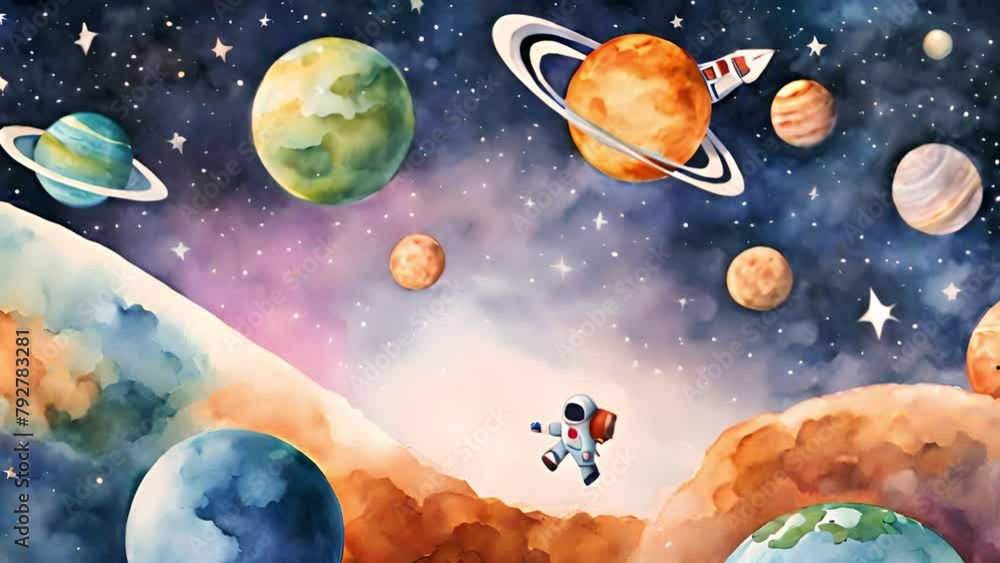 Kids drawing universe space rocket Stars and planets. pulsing in space ...