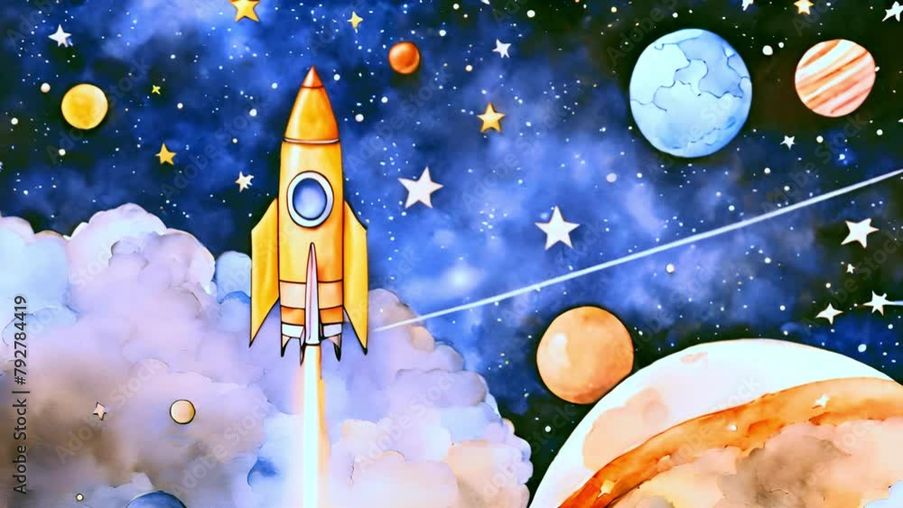 Kids drawing universe space rocket Stars and planets. pulsing in space ...