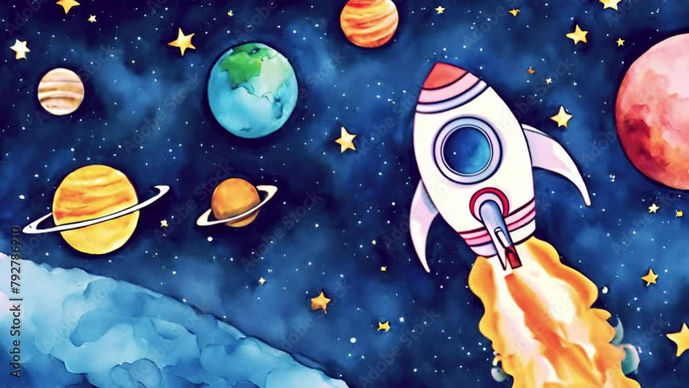 Kids drawing universe space rocket Stars and planets. pulsing in space ...