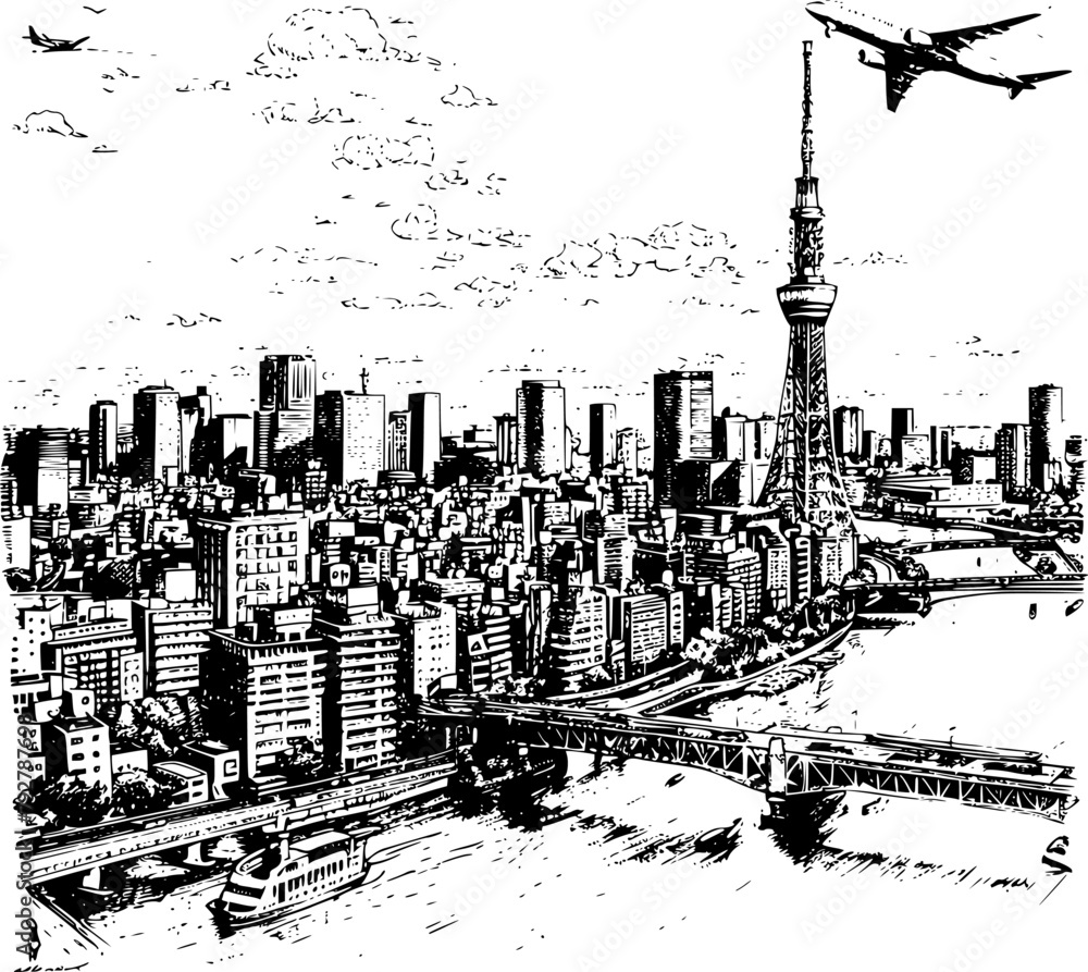 2D Tokyo Illustration, 2D Drawing of Tokyo Skyline on White Background ...