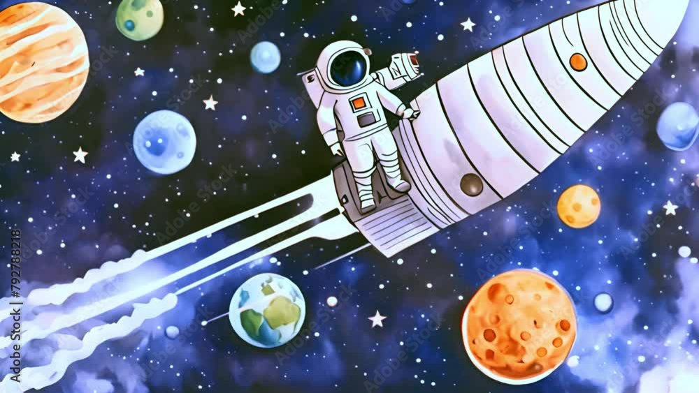 Kids drawing universe space rocket Stars and planets. pulsing in space ...