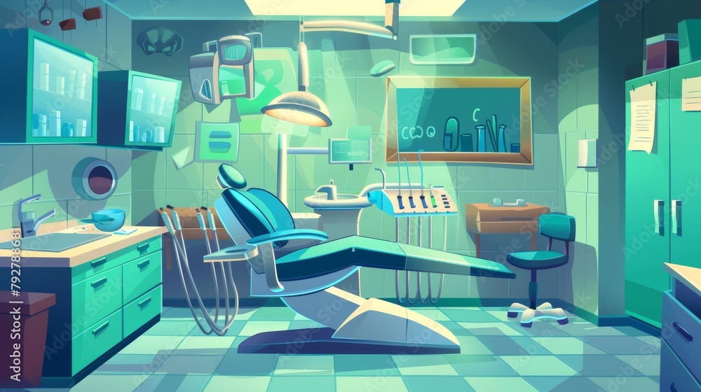 An empty dental office with a table, chair, lamp and tools for tooth ...