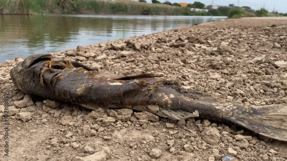 Dead fish in front of the river. Concept of pollution, ecological ...