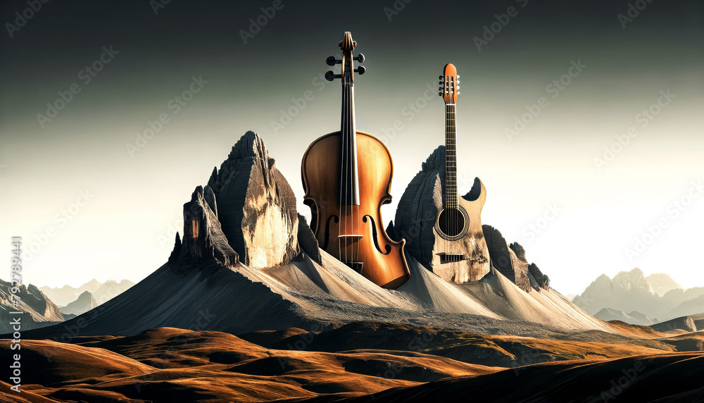 AI generated illustration of a violin and guitar standing as mountains ...