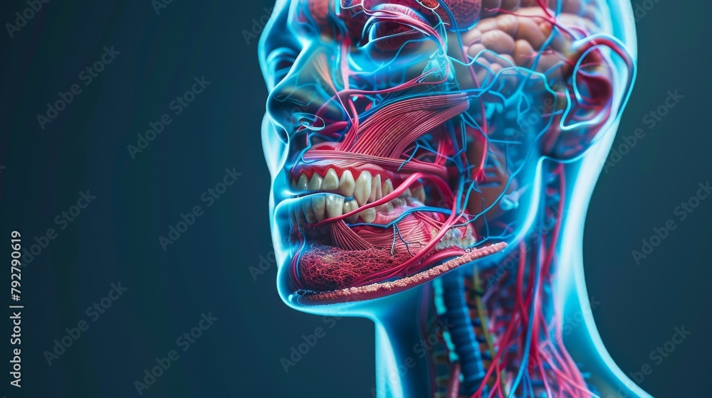 A 3D illustration of the human anatomy showing the face, jaw, cheeks ...