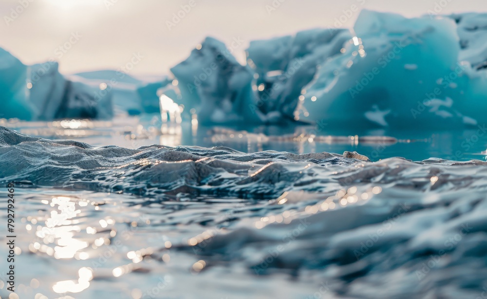 Layers of ice and snow in an arctic region, with visible signs of ...