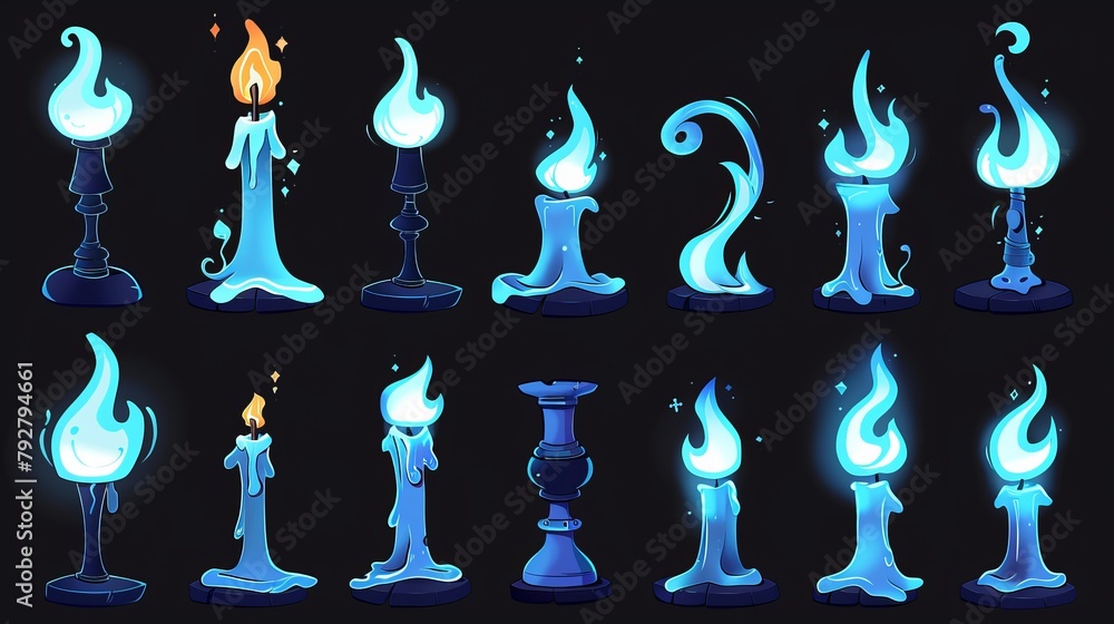 Animated modern sprite sheet of a burning blue fire for 2D animation or ...