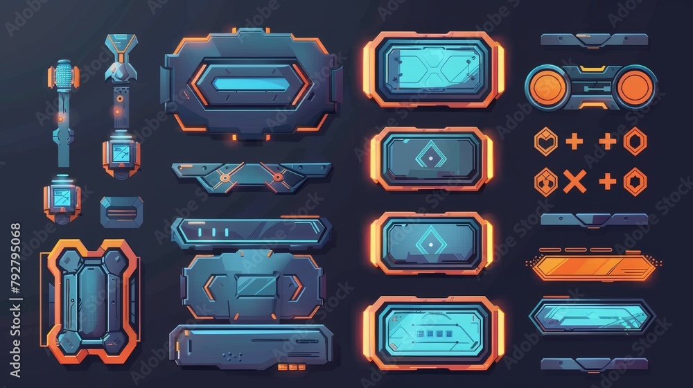 Sci fi style game buttons, menus and assets. Modern cartoon set of ...