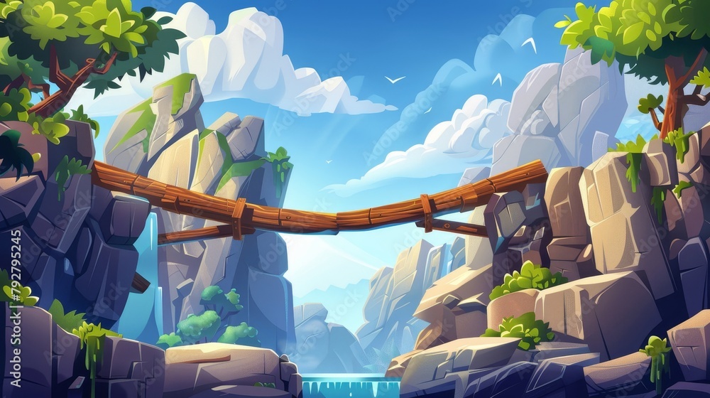 Animated art modern illustration with a parallax background log bridge ...