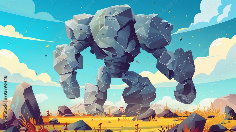 An angry stone golem on the surface of an alien planet with rocks and ...