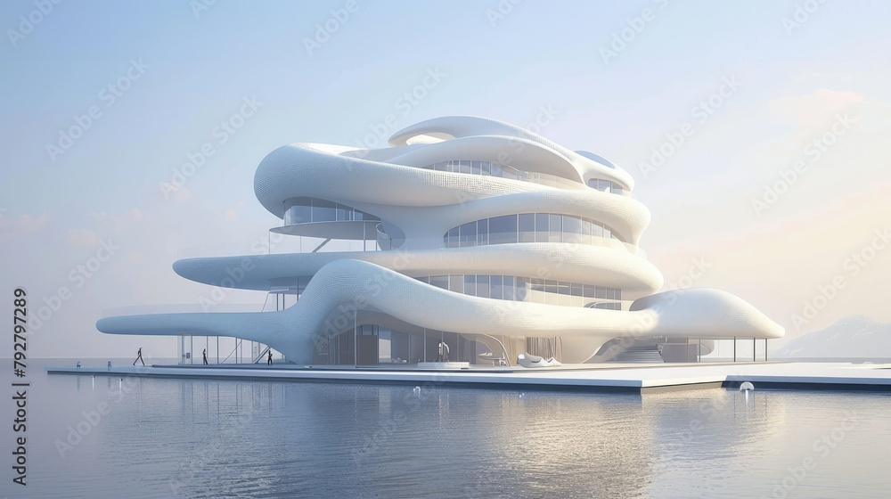 Craft an imaginative 3D representation of a futuristic white building ...
