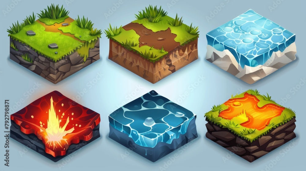 Ground tile set with grass, stone, water, ice, and lava textures ...