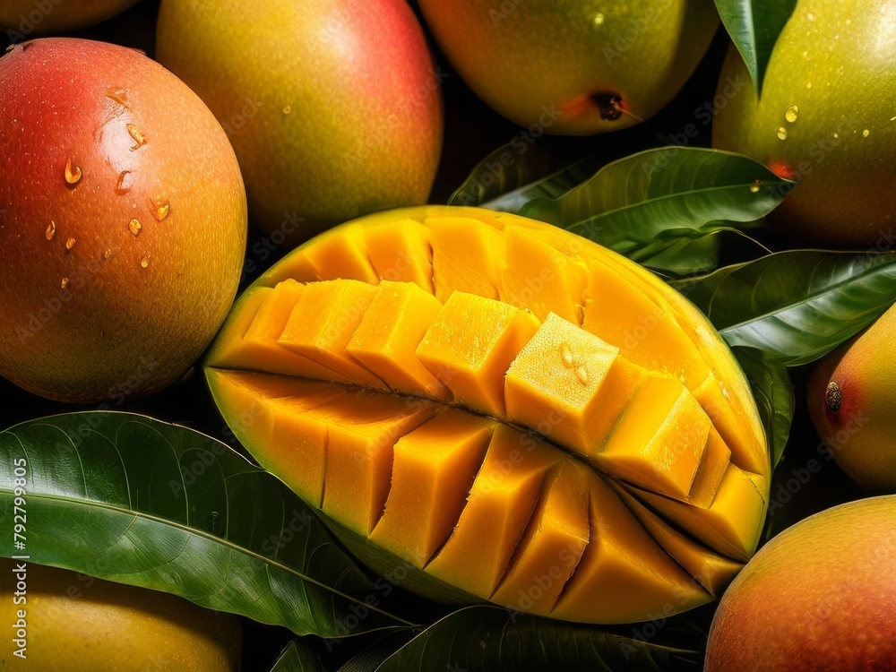 Background with fresh yellow and green mangoes. Mango cut into squares ...