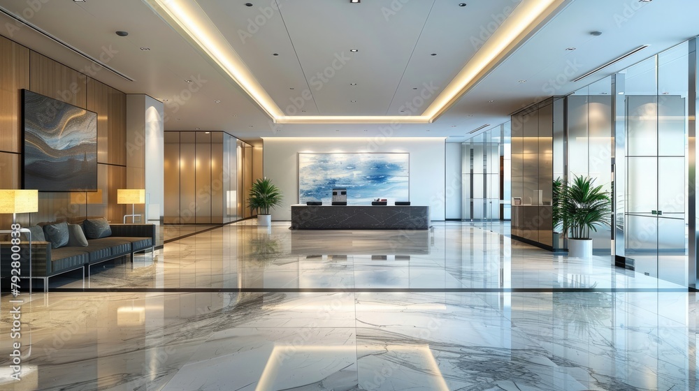 An elegant corporate reception area, with polished marble floors and ...