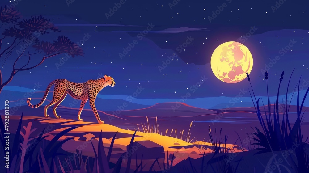 The cheetah walking alongside the full moon in the african desert ...