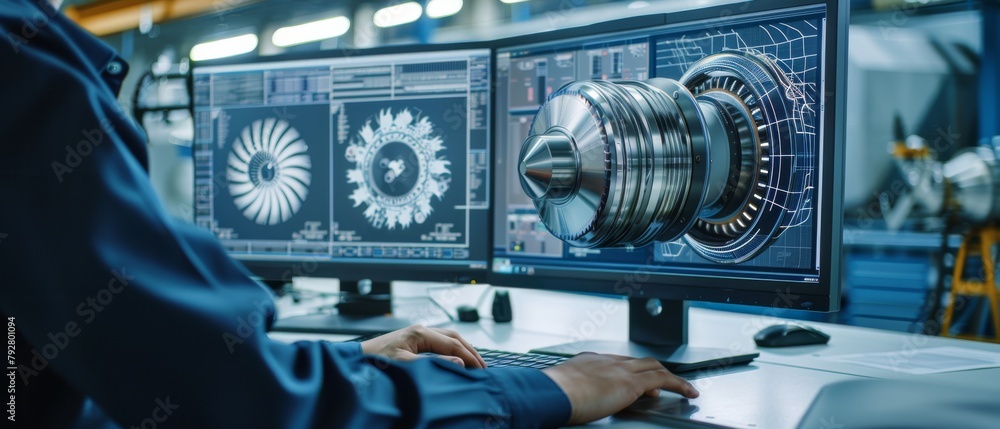 Industrial Engineer using two monitors to design a turbocharger or ...