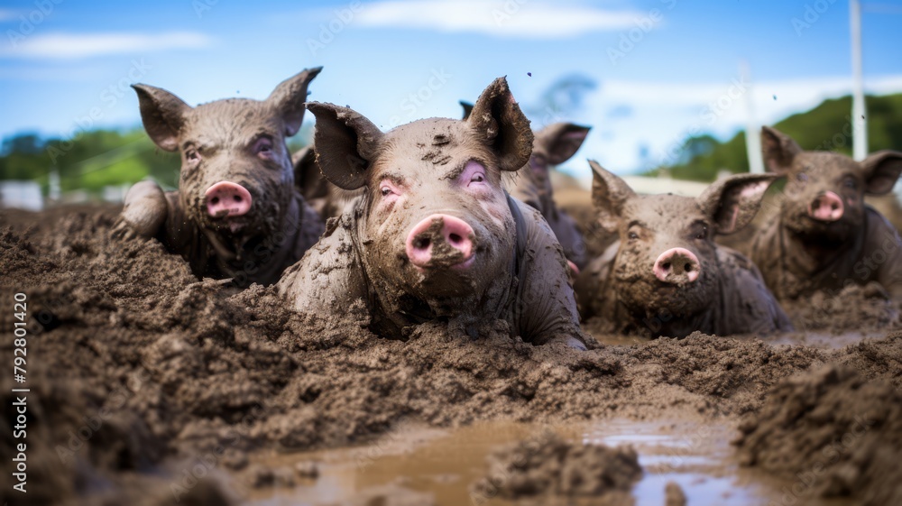 Pigs wallowing in mud on a hot day, featuring a farm-to-table pork ...