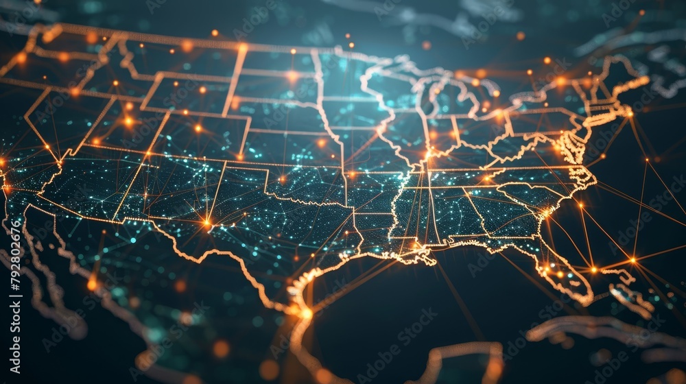 A map of the United States with a network of lines connecting the ...