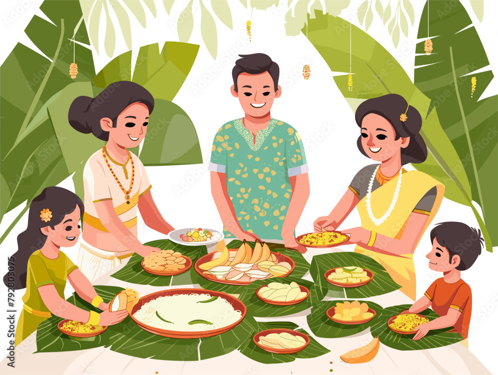 Animated illustration of Indian family sharing a Sadhya feast around a ...