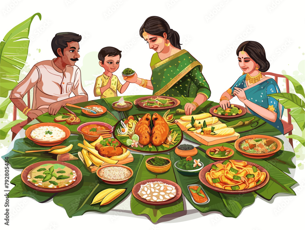 Animated illustration of Indian family sharing a Sadhya feast around a ...