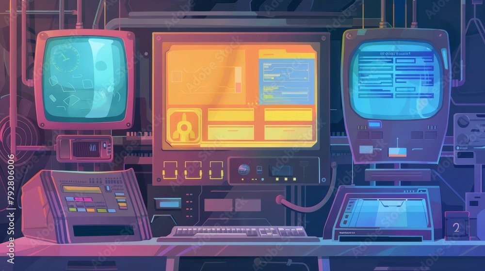 An old PC screen layout with old message frames, loading bars, buttons ...