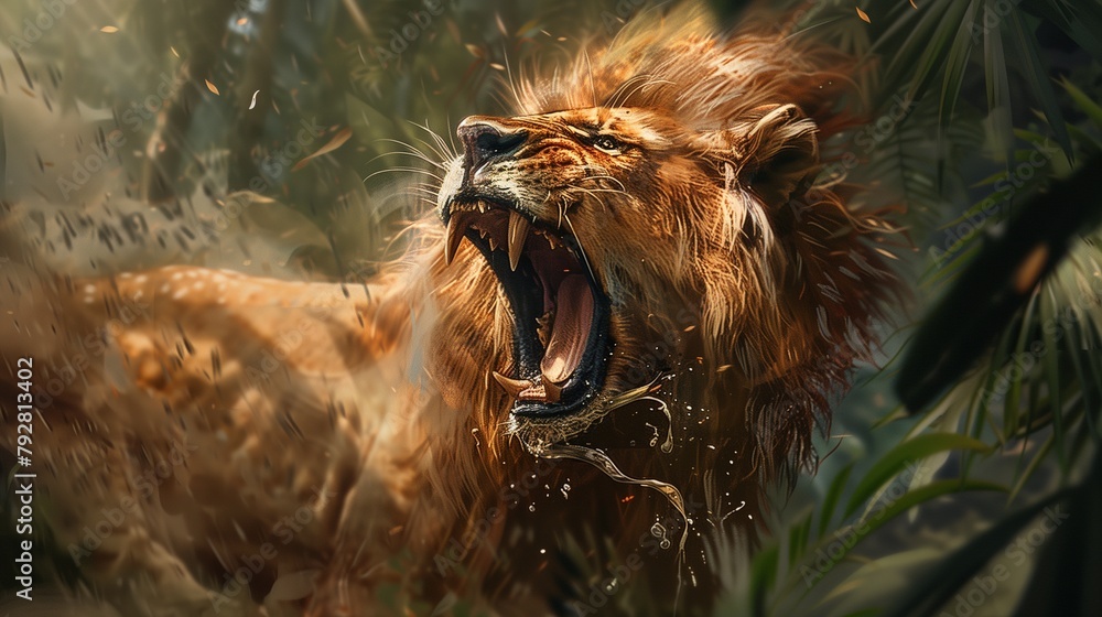An enraged lion baring its teeth in a threatening display, with the ...