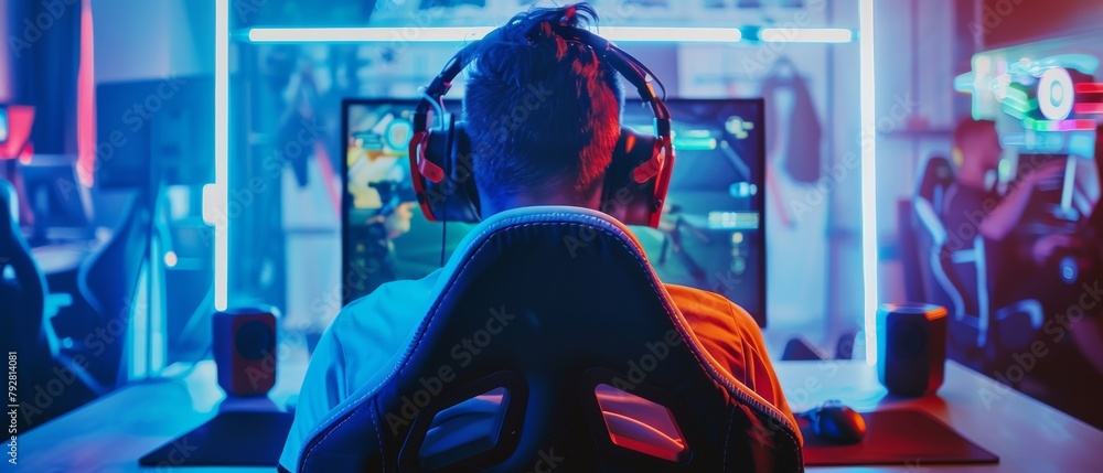 This picture depicts a professional gamer playing a First-Person ...