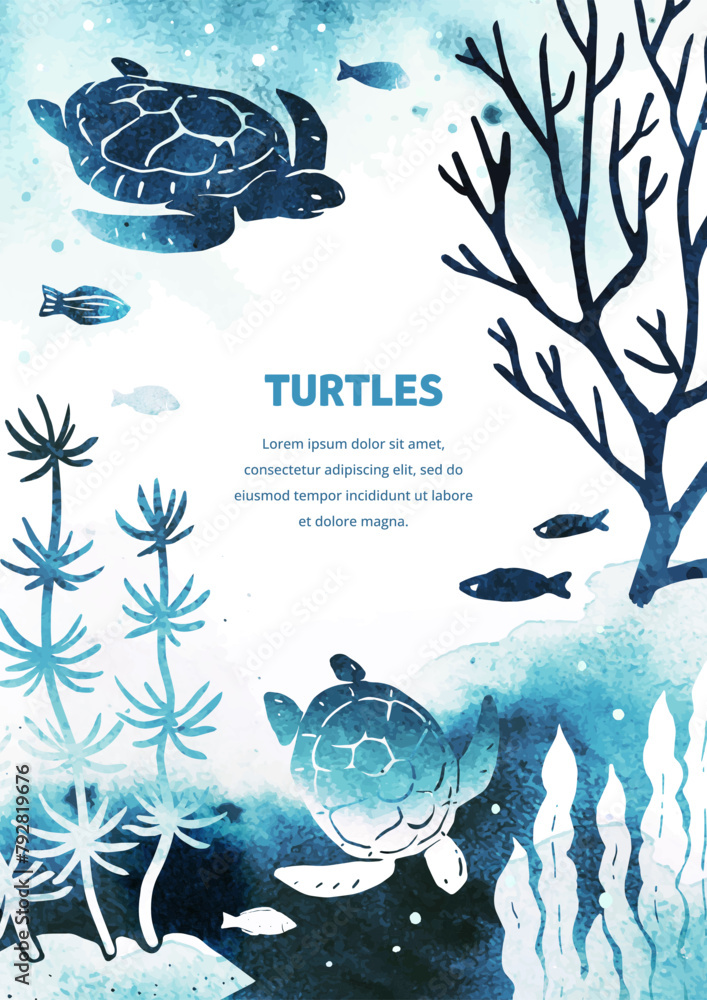 Vector vertical template with fish, turtles and seaweed on white ...