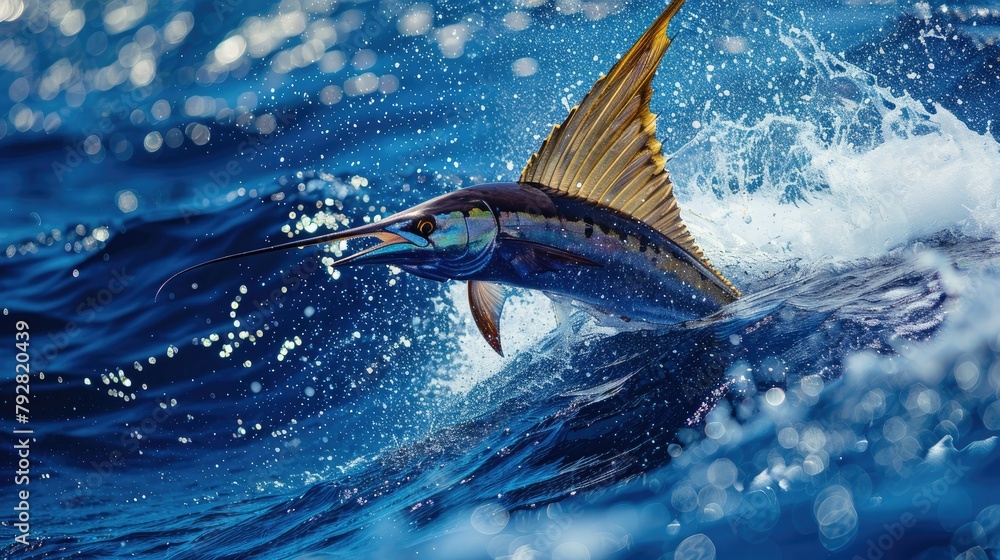 Envision a sailfish making a splash as it jumps freely over the deep ...