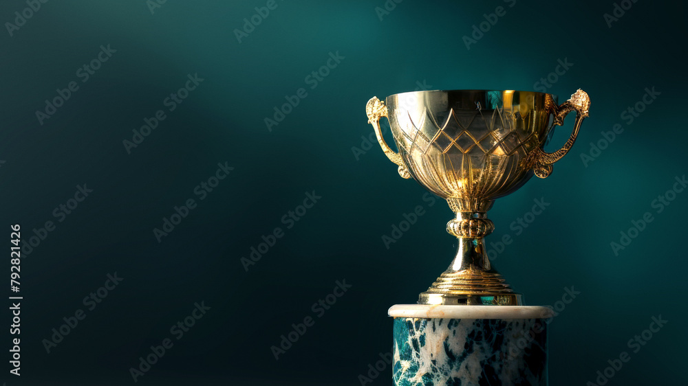 A single elegant gold trophy on a marble base, centered on a dark ...