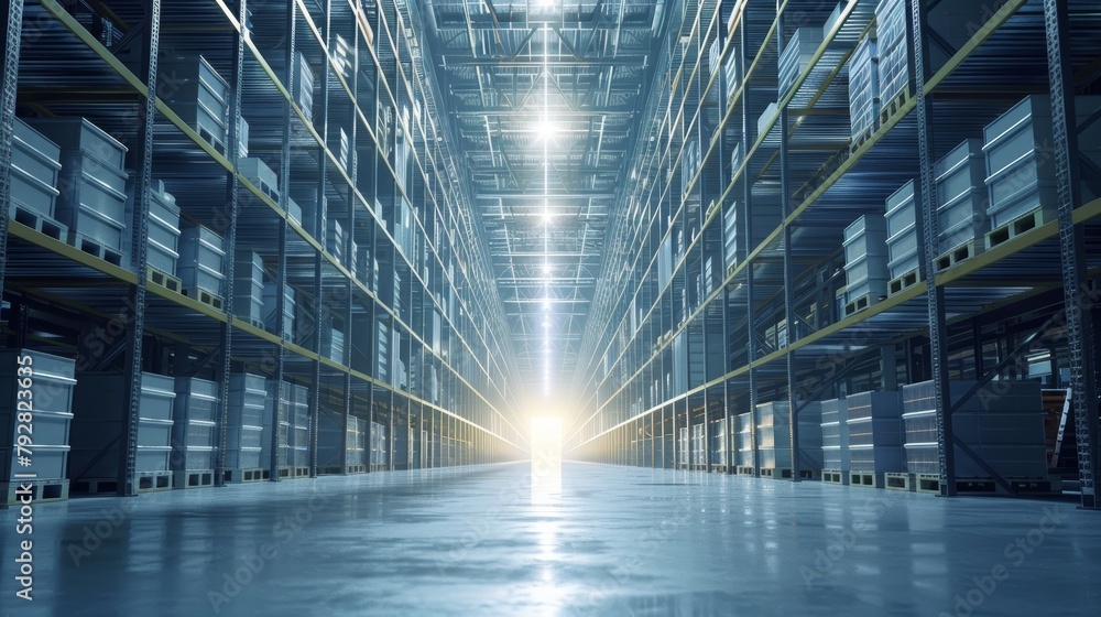 Aisle between towering steel pallet racks, crammed with hefty crates ...