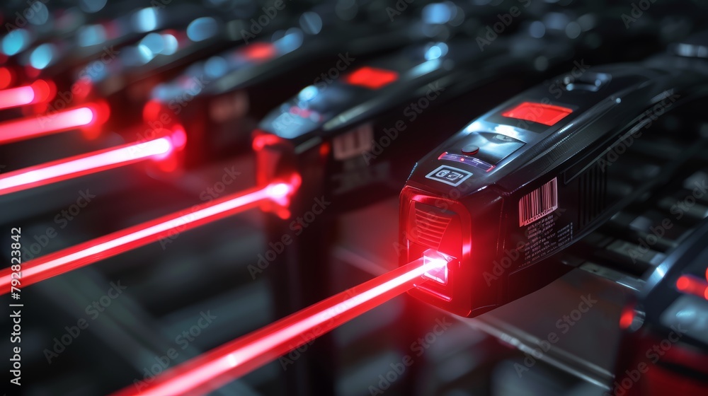 Handheld barcode scanners illuminate codes with sharp, red laser beams ...