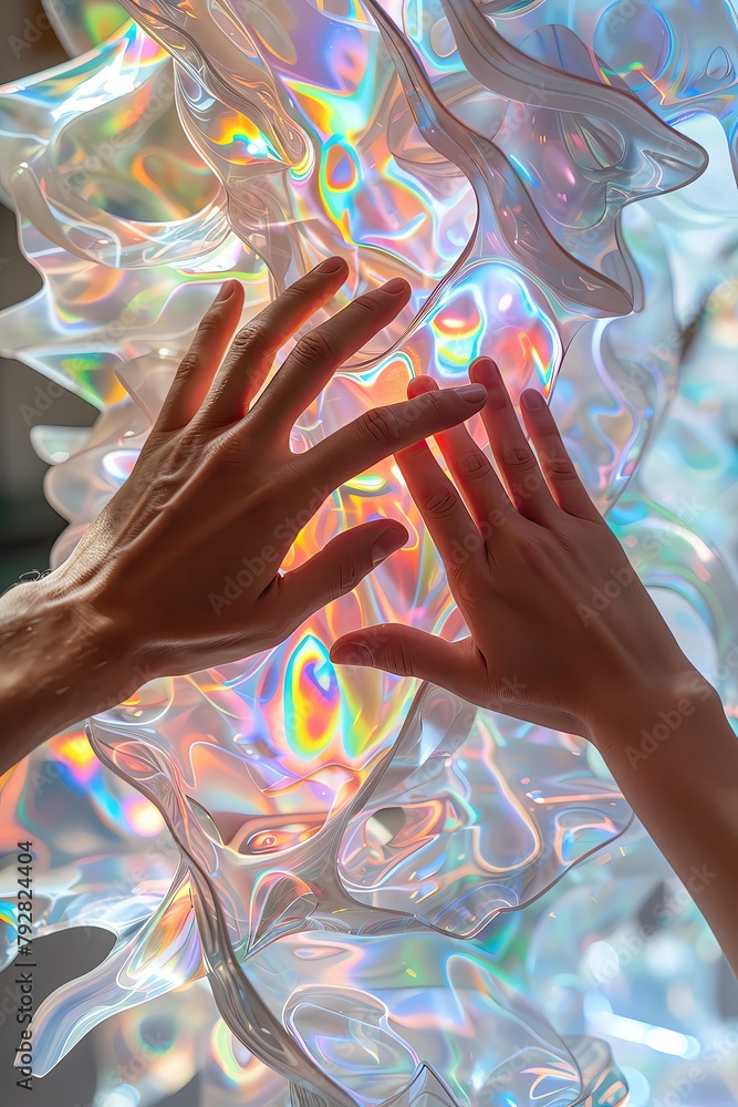 Interactive digital sculpture in an art exhibit, closeup of hands ...