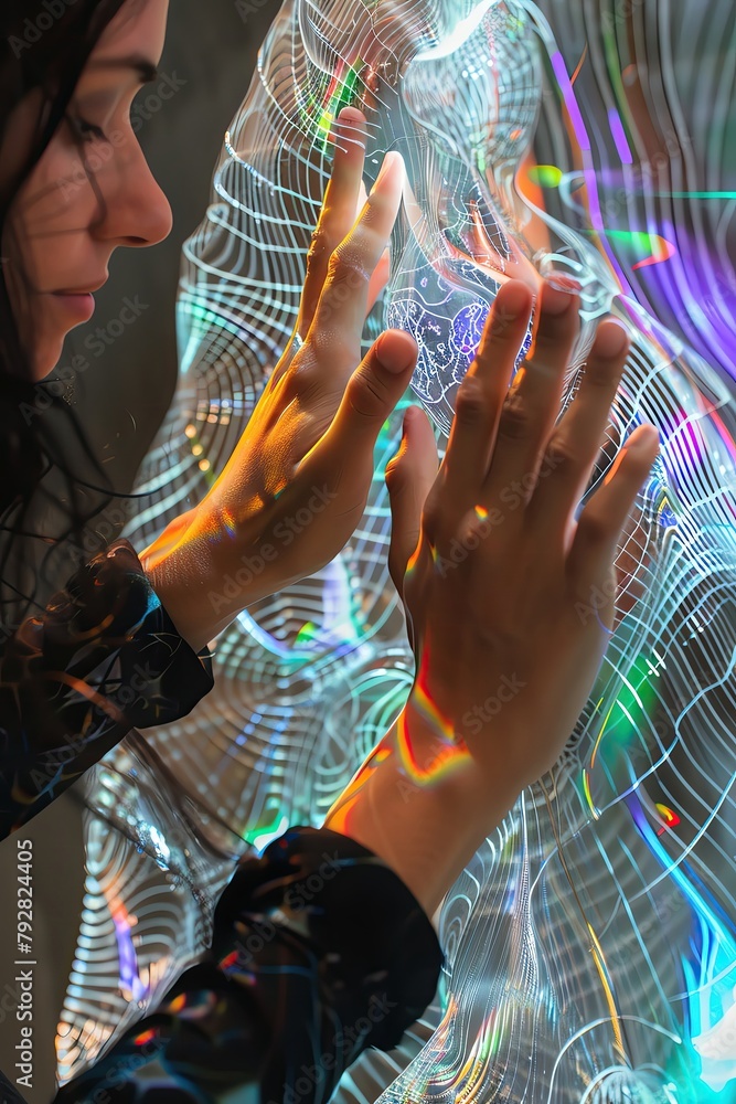 Interactive digital sculpture in an art exhibit, closeup of hands ...