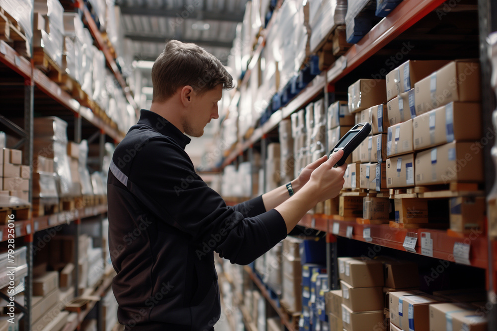 industrial photo a warehouse manager or worker meticulously scanning ...