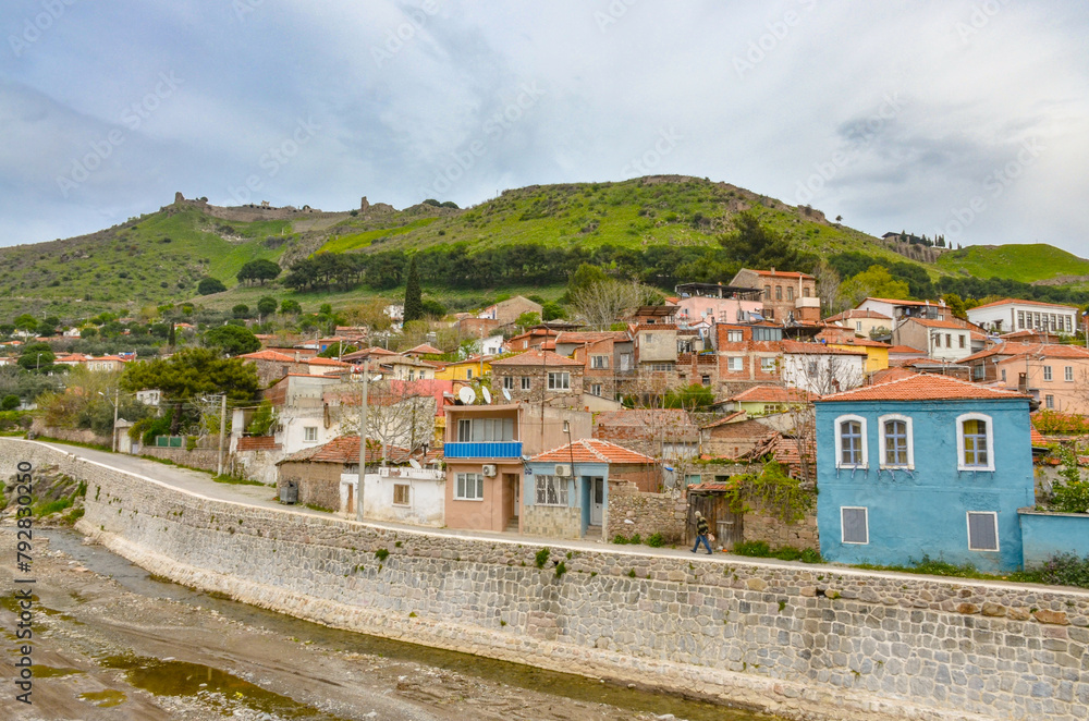 old houses on Pergamon Acropolis hill near Selinus river in Bergama ...