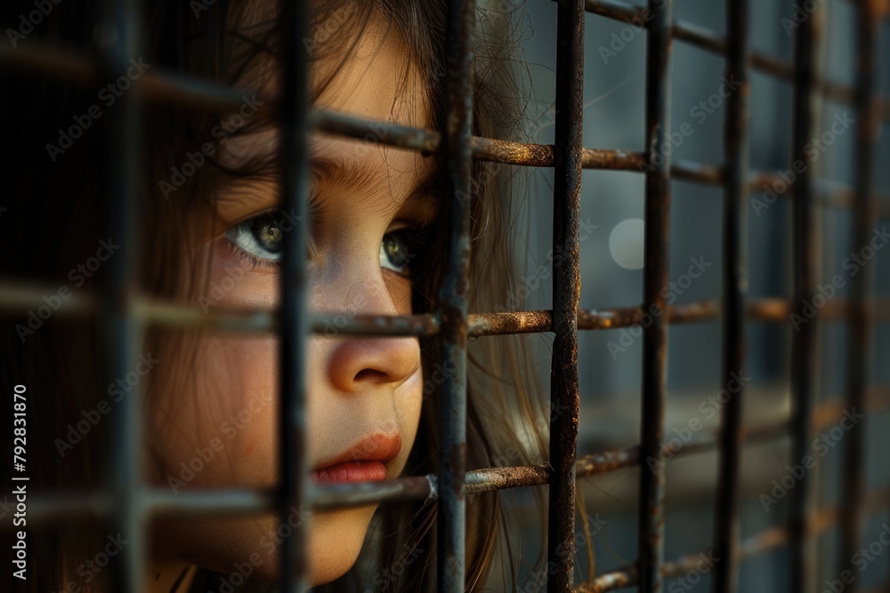 Lonely Child in Jail Behind Fence. A Sad Boy Stands Trapped in a Grill ...
