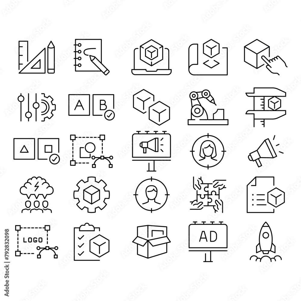 New product development icon set. Simple outline style. Product design ...